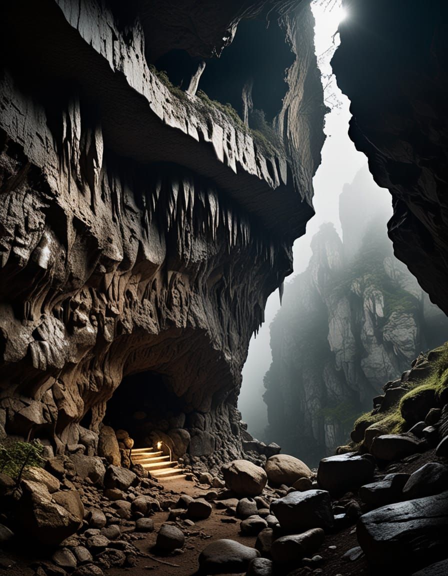 Mountain Face Cave in Eerie Horror Style - AI Art