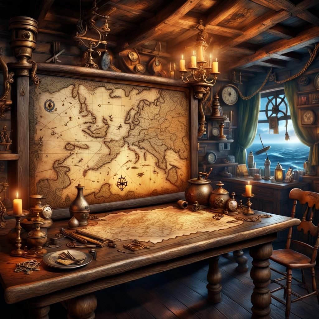 The whimsical treasure map with hidden clues and symbols, showing ...