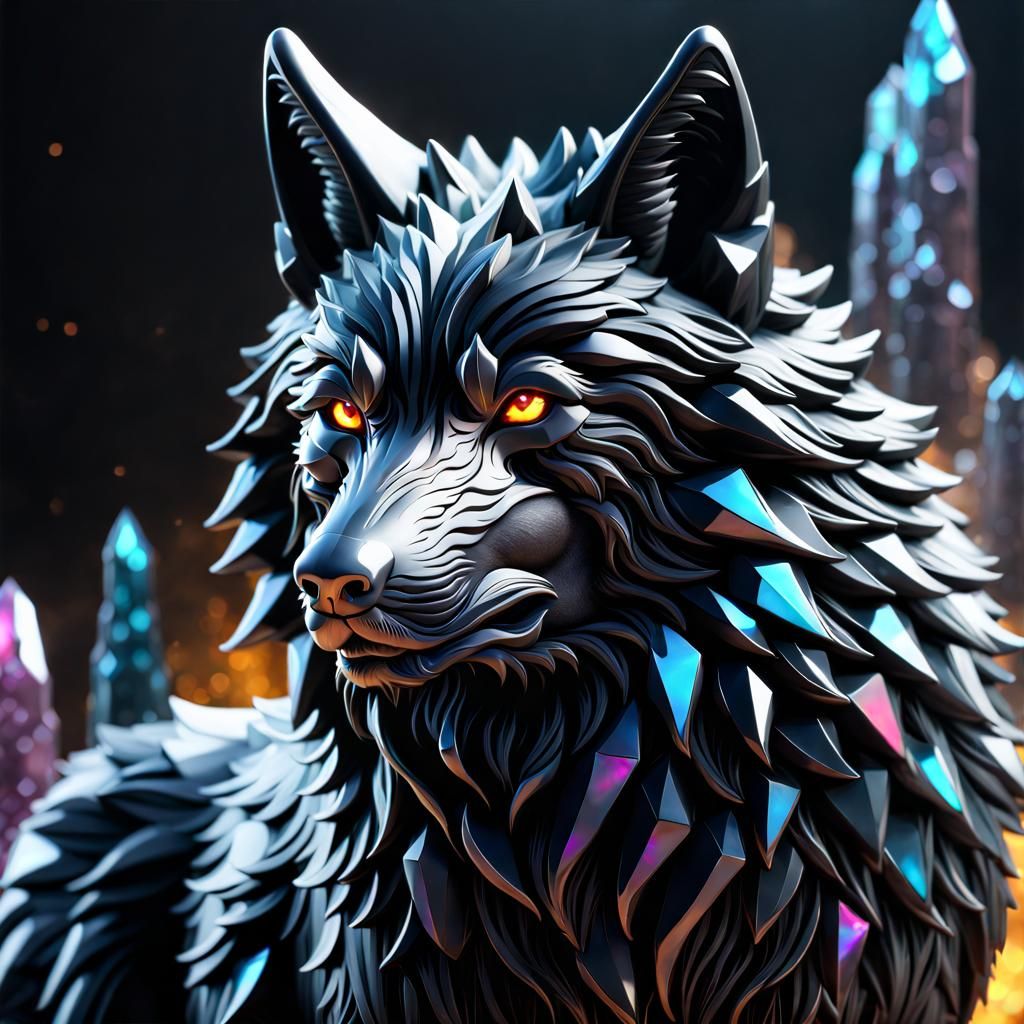 Crystal wolf - Crystalline Black Wolf Fantasy Concept Art