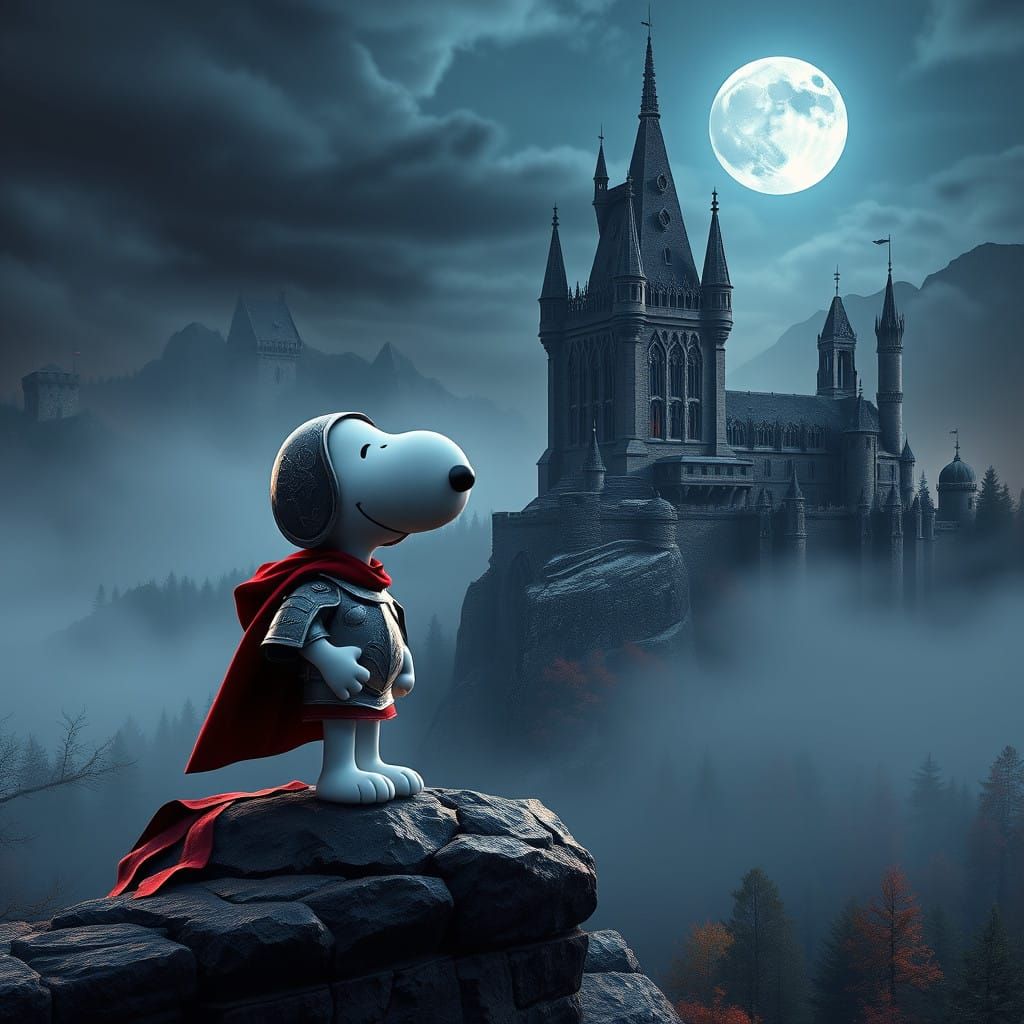 Surreal Gothic Landscape with Snoopy in Armor - AI Art