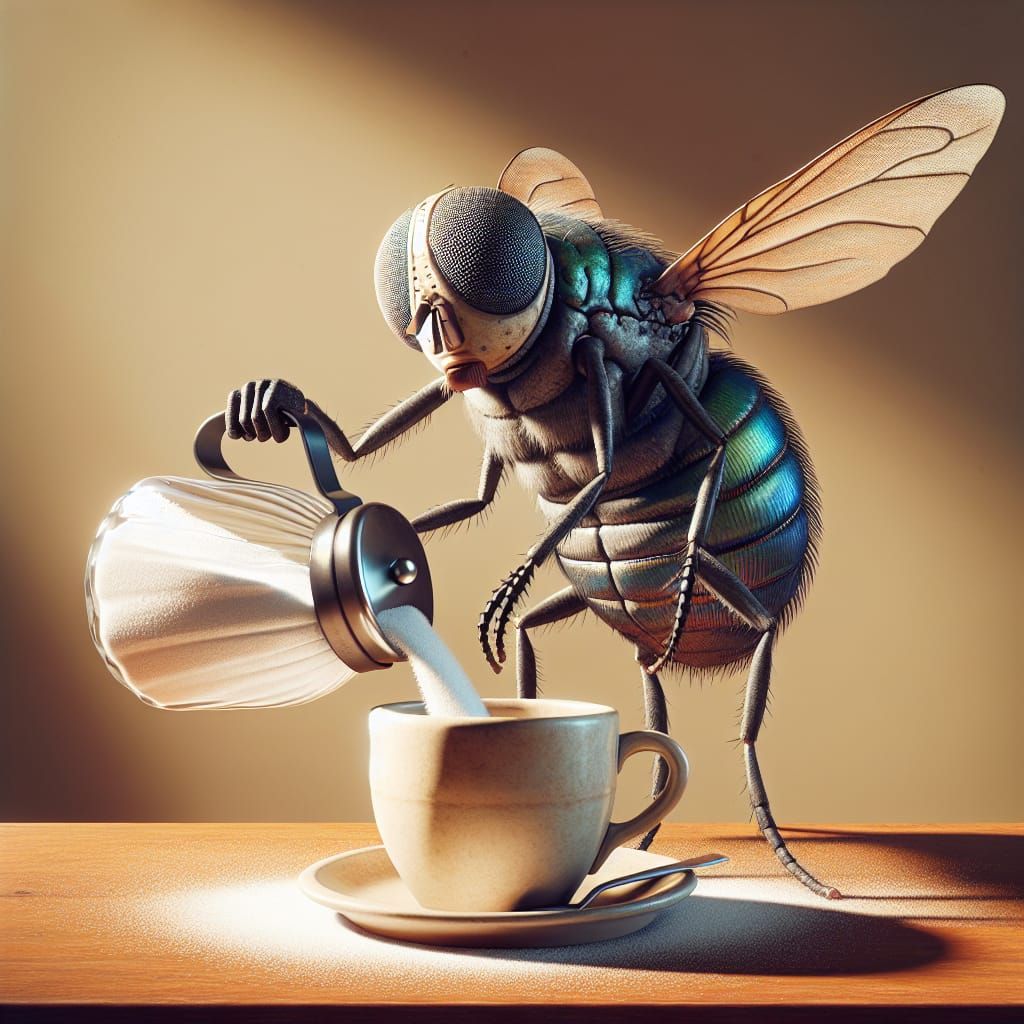 Human-Sized Fly Pours Sugar into Coffee Cup in Coz... - AI Art