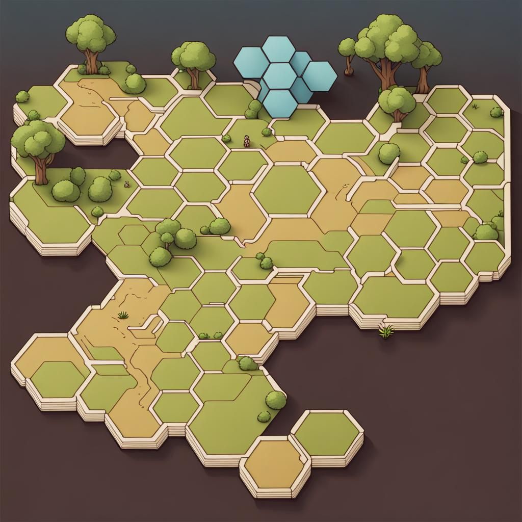 Adventure game world map made of hexagon sections rising from the ...