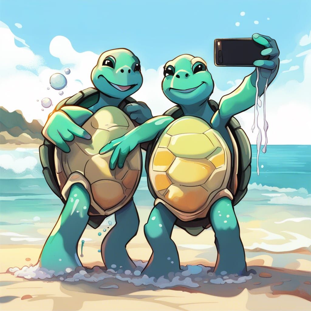 turtles each other while taking a selfie on the beach - AI Generated ...