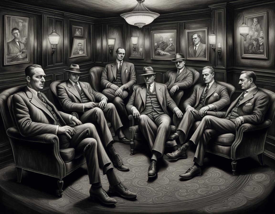 Seven Prohibition Mobsters seated in cosy armchairs in a gentlemen club ...