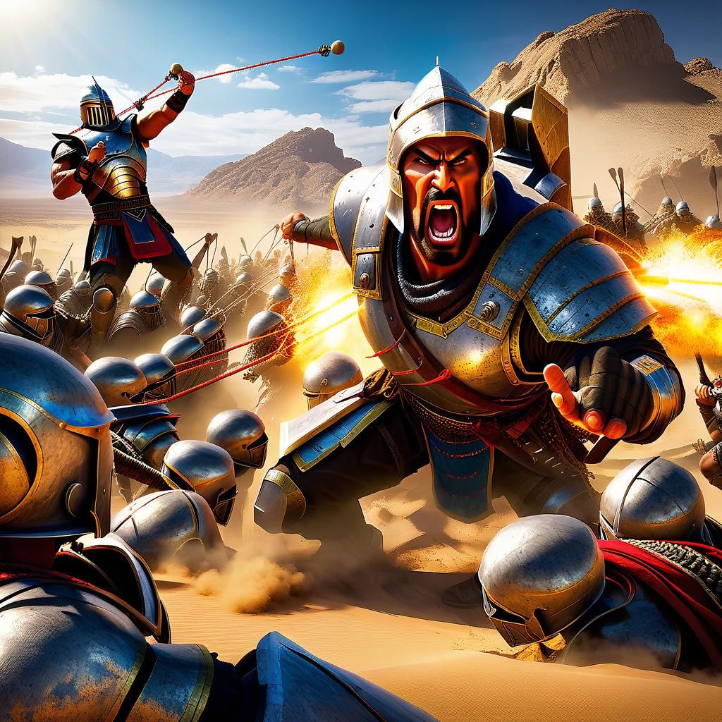 On a desert valley surrounded by his Philistine troops the big warrior ...
