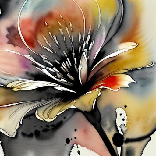 Watercolor and ink wash abstract flower, softly blended and overlapping ...