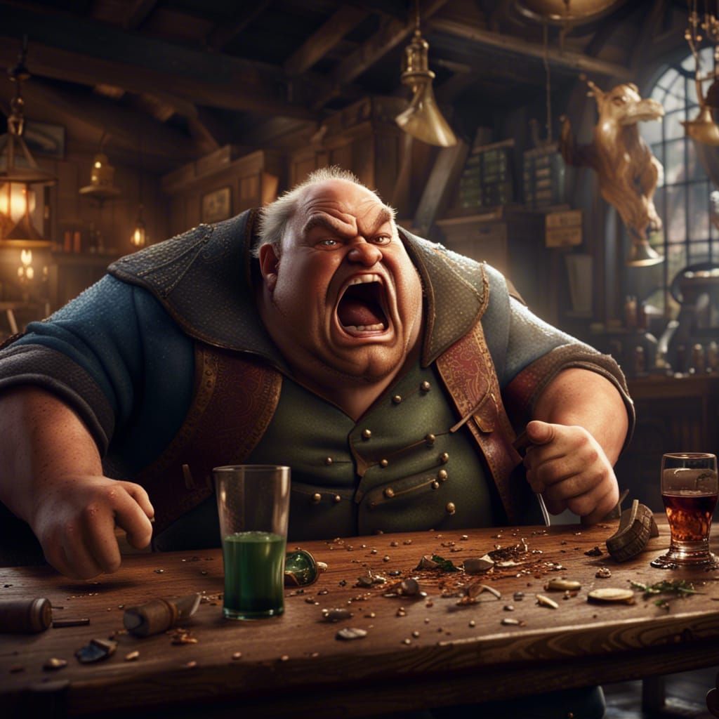 An angry and fat guy smashing a table and yelling as h looses a pub ...