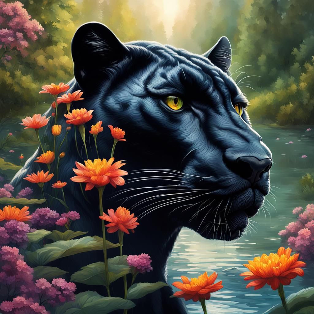 Krodhavasha Female Dark Panther Hybrid Humanoid standing by a lake in a ...