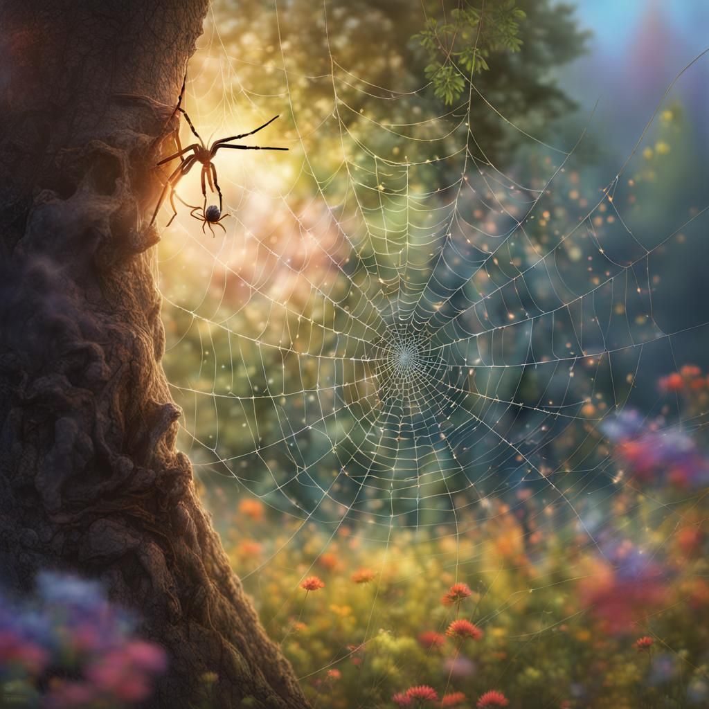 spider spinning a delicate web in a tree in the forest, field of ...