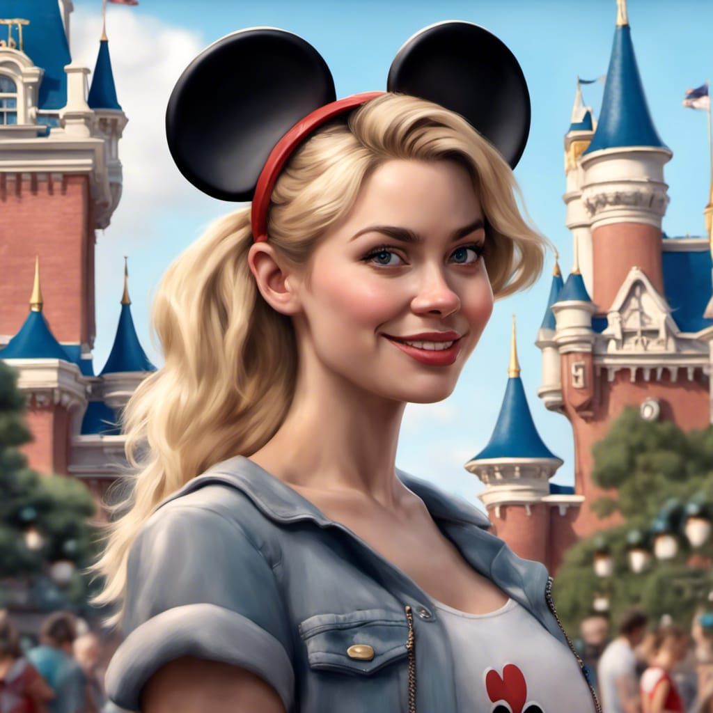 Full color portrait of beautiful goldenblonde woman wearing Mickey ...