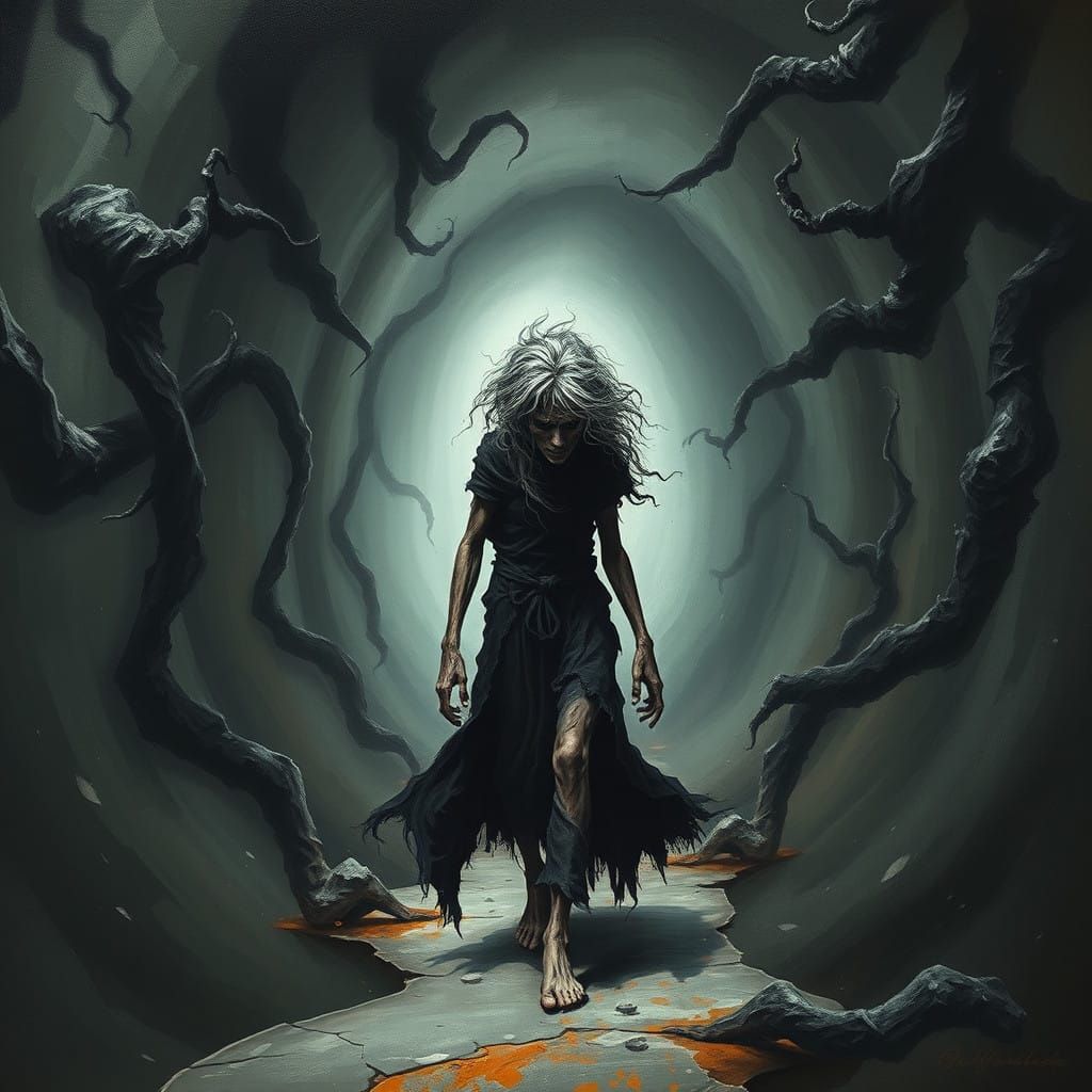 Lone Figure Stumbles through a Haunting, Twisted L... - AI Art