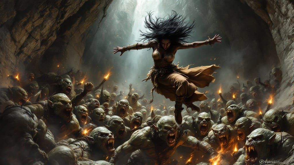 Dark Fantasy Woman Falls Amidst Snarling Orcs in A... - AI Art