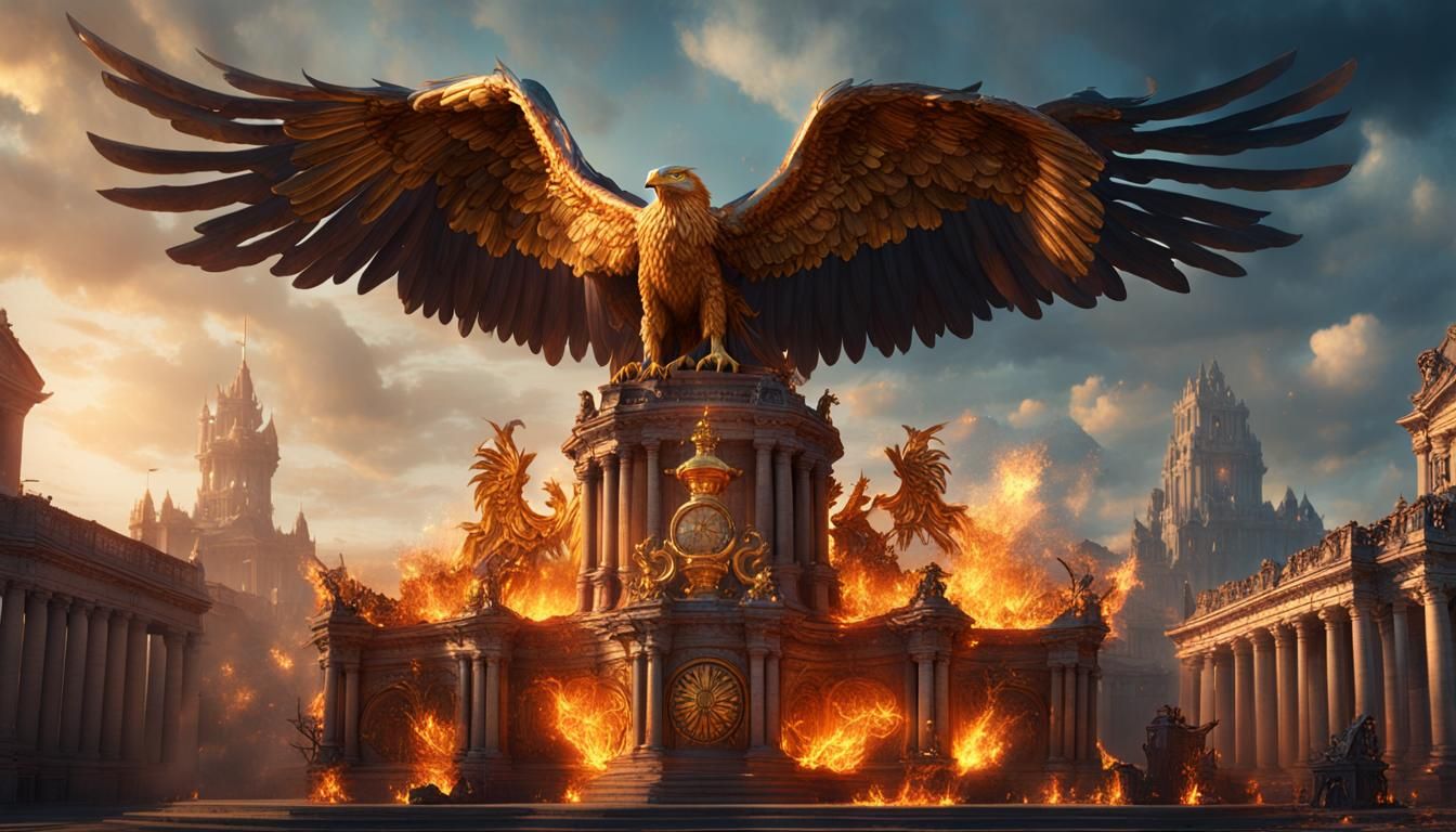 Giant Monument of fire with gold eagle statue and baroque details - AI ...