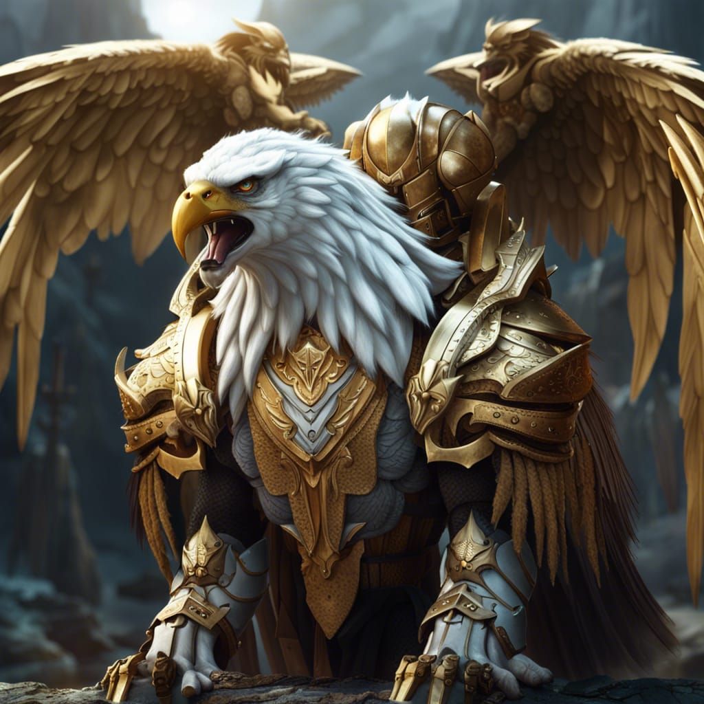 white sabertooth with eagle wings and tail, a saddle, and gold armor ...
