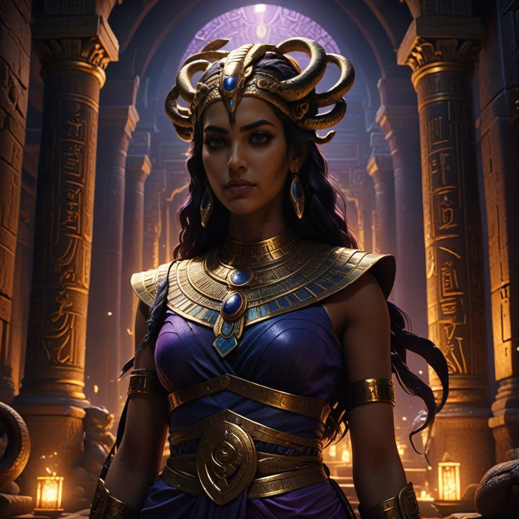 Egyptian Goddess Emerges in Midnight Temple - AI Art