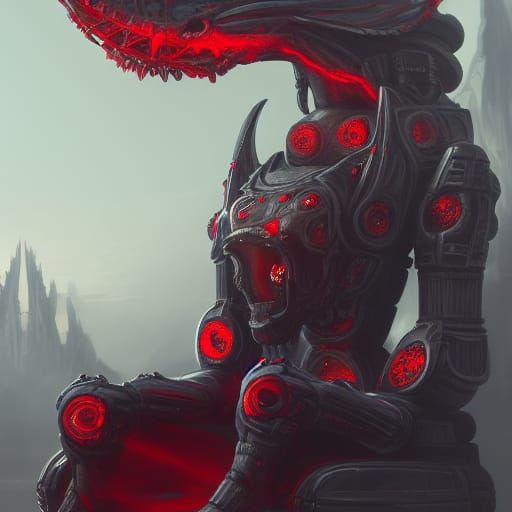 evil robot red-eyed empress sitting on evil robot throne - AI Generated ...