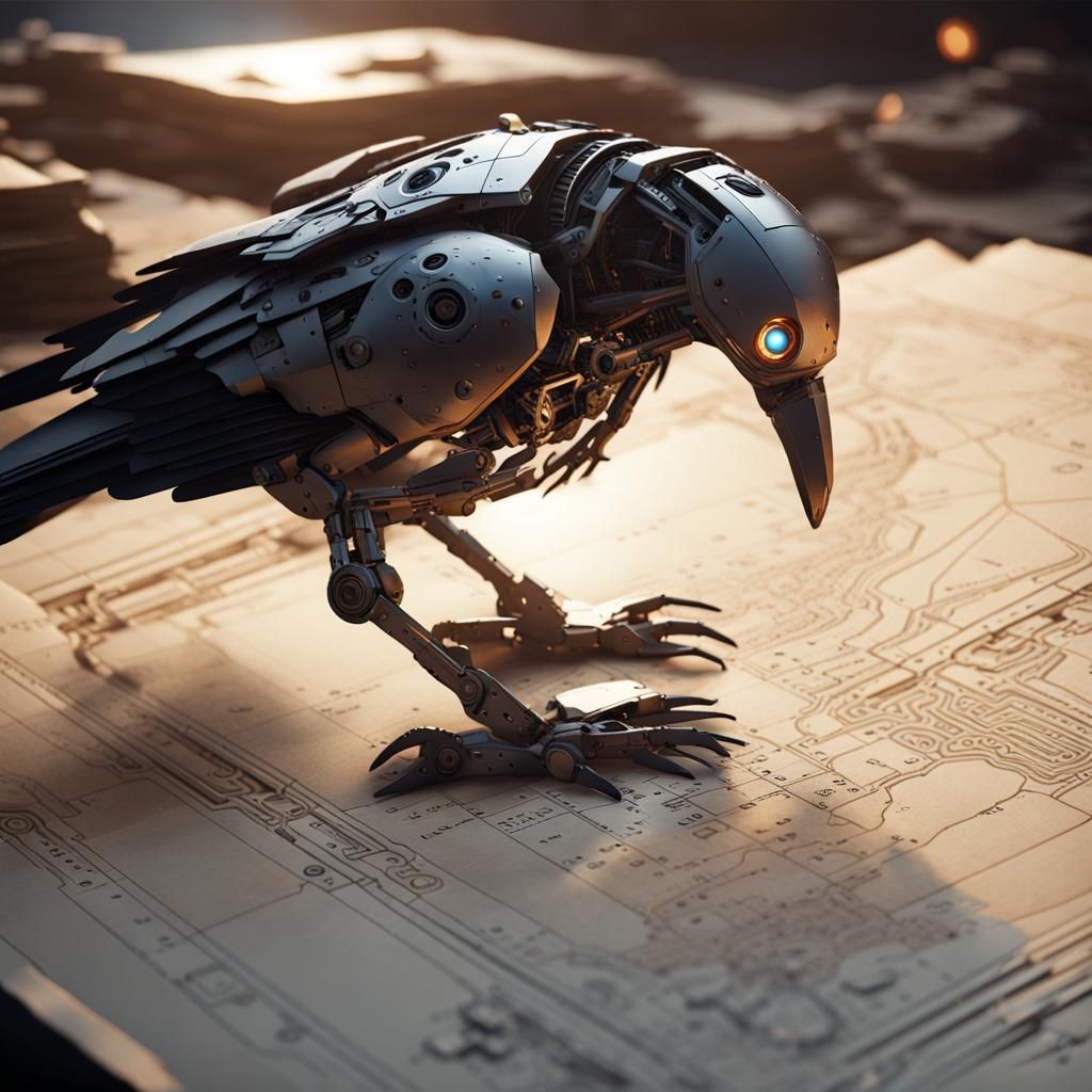 A robot-raven uses laser beams from its eyes to scan a piece of ...