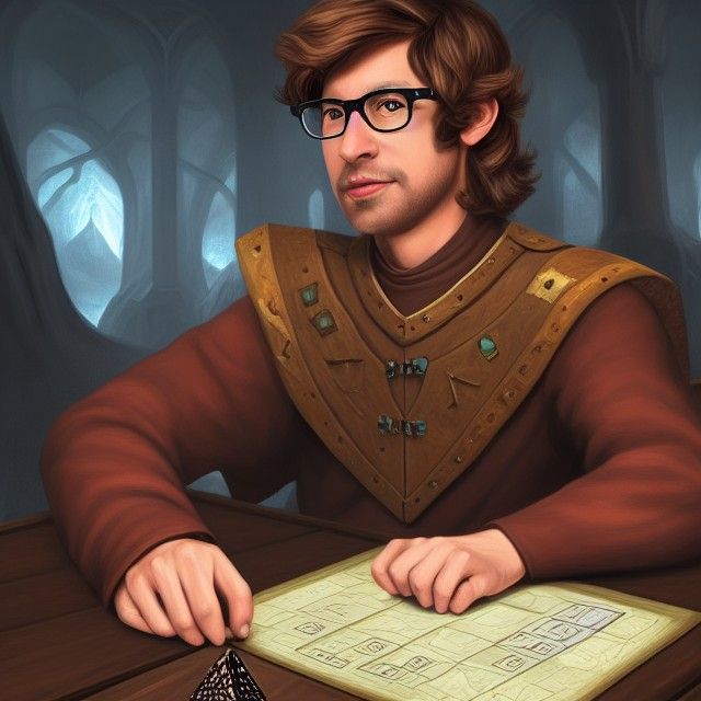 a fantasy painting portrait of a man with brown hair and glasses behind ...