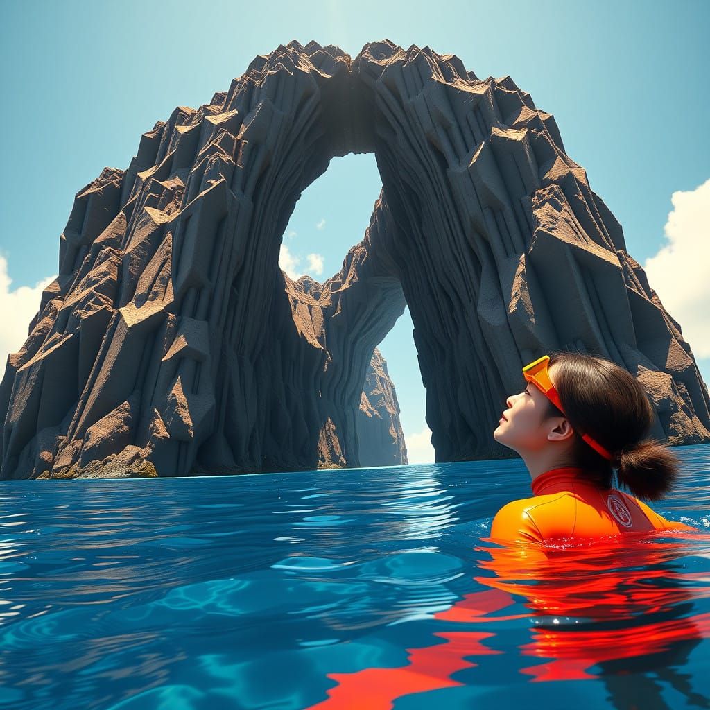 A woman swimming under a magnificent archway rock formation in the ocean.