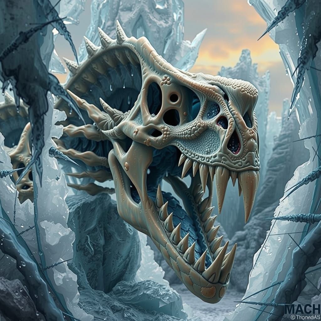 Frozen Jurassic Raptor Skull in Eerie, Atmospheric... - AI Art