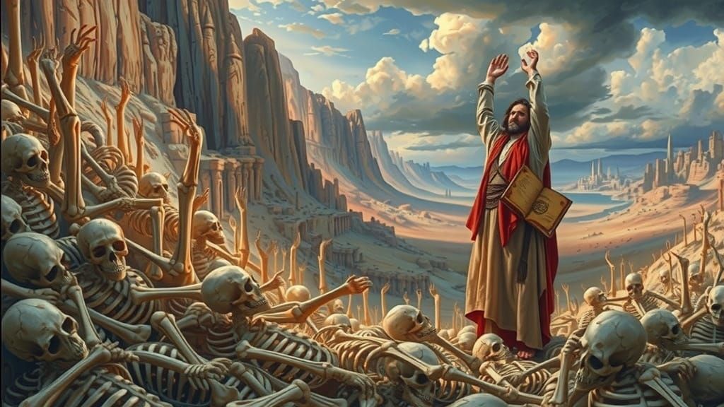 The prophet Ezekiel visits the Valley of Dry Bones and prophesies that ...