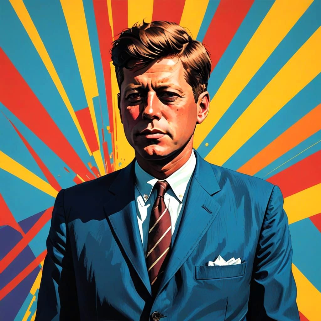 John F. Kennedy, Screen print, pop art, splash screen art, triadic colors, digital art, 8k ...