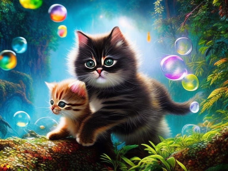 Cute Lovely Baby Cat playing with colorful Exploding Bubbles in jungle ...