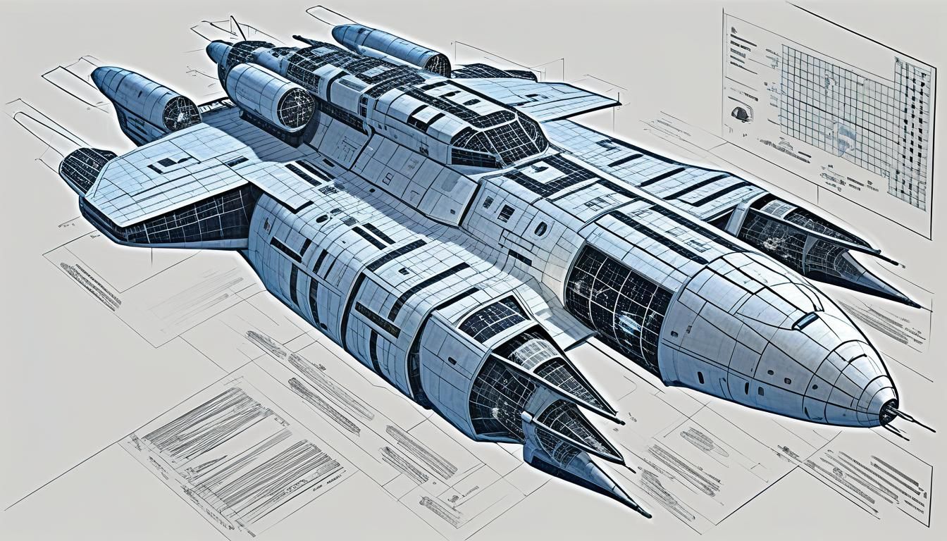 blueprints schematics of cutting-edge interstellar vessel with multiple ...