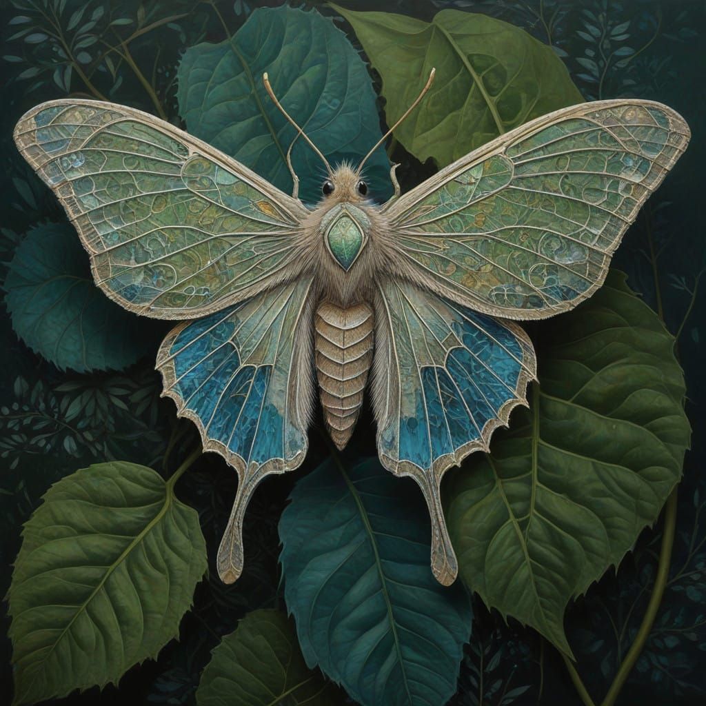 Mystical Metal Moth on Velvet Leaf in Earthy Pop-S... - AI Art