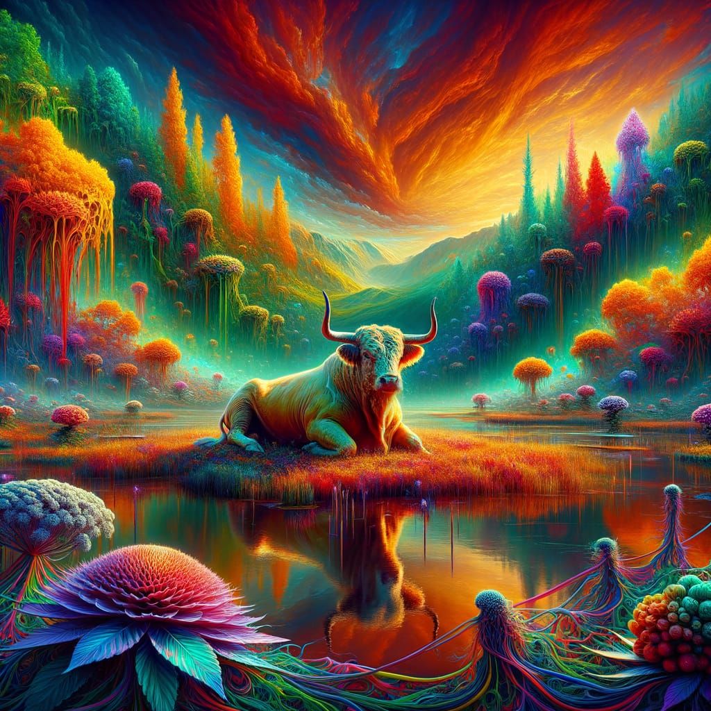 Bull in Vibrant Spring Marsh with Cannabis and Flo... - AI Art