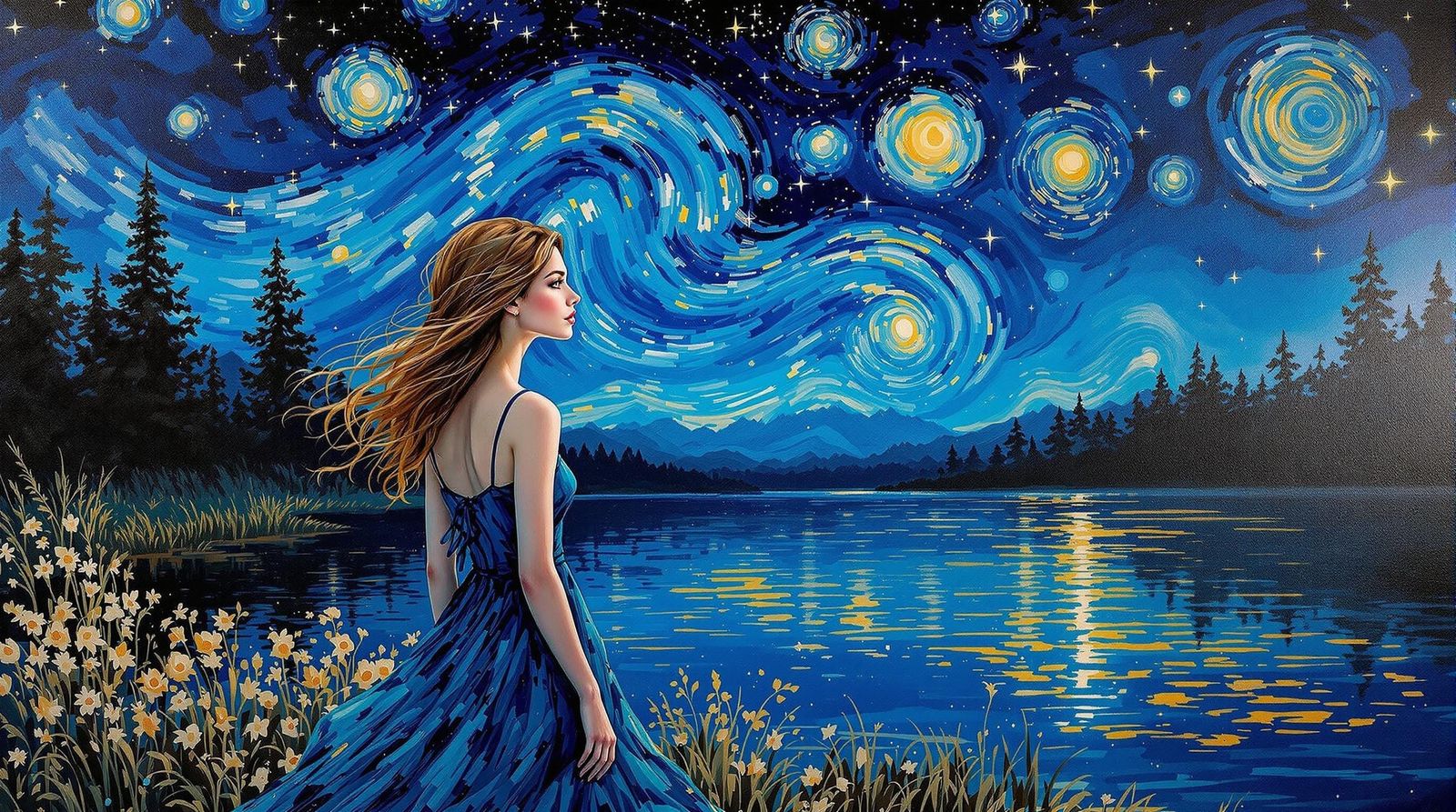 Starry night girl in blue dress - Young Woman Under Starry N...