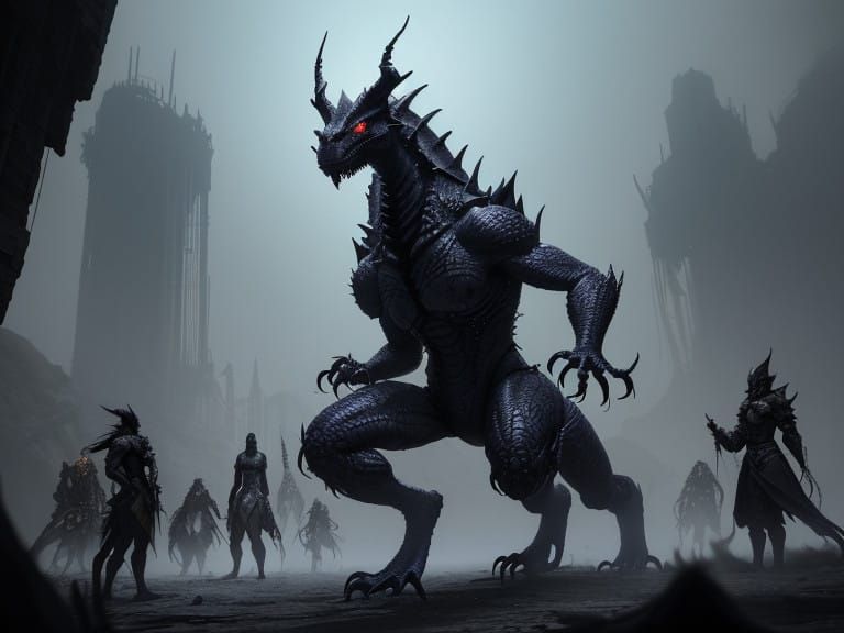 Hellish Hybrid Monster Engages Adventurers in Post... - AI Art