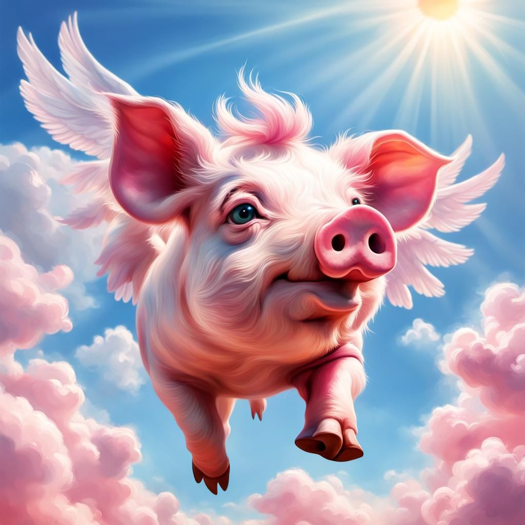 Flying pink pig with wings, cute, blue sky, sunny, heavenly sunshine ...