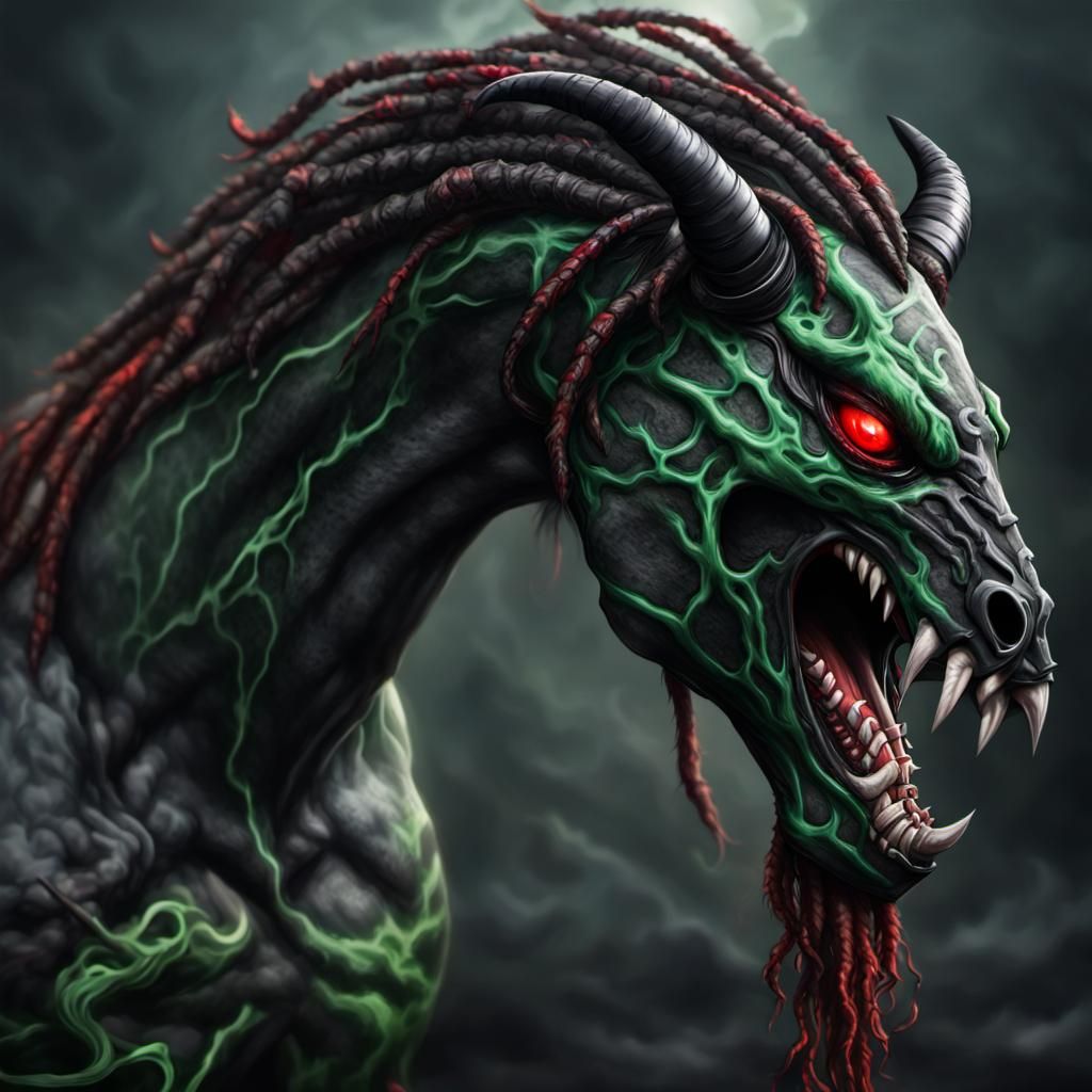 black green venom demon horse, muscular, red eyes, dreadlock mane - AI ...