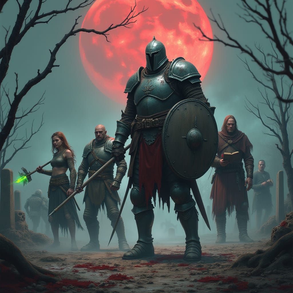 Mercenaries Defend Cemetery from Demons, Hyperreal... - AI Art