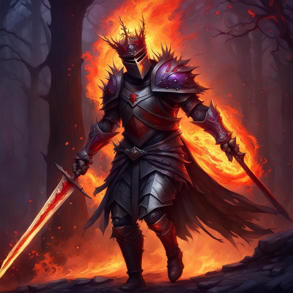 Male knight wearing a crown of thorns carrying a flaming sword of red ...