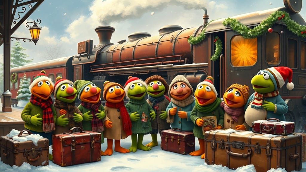 MUPPET CHRISTMAS CHOIR ON A RAILWAY PLATFORM WITH LUGGAGE