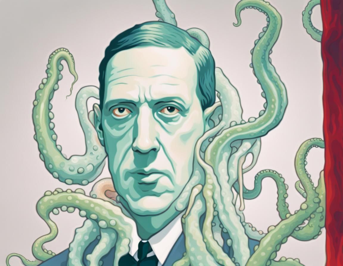A colorful portrait of H.P Lovecraft with tentacles in the background ...