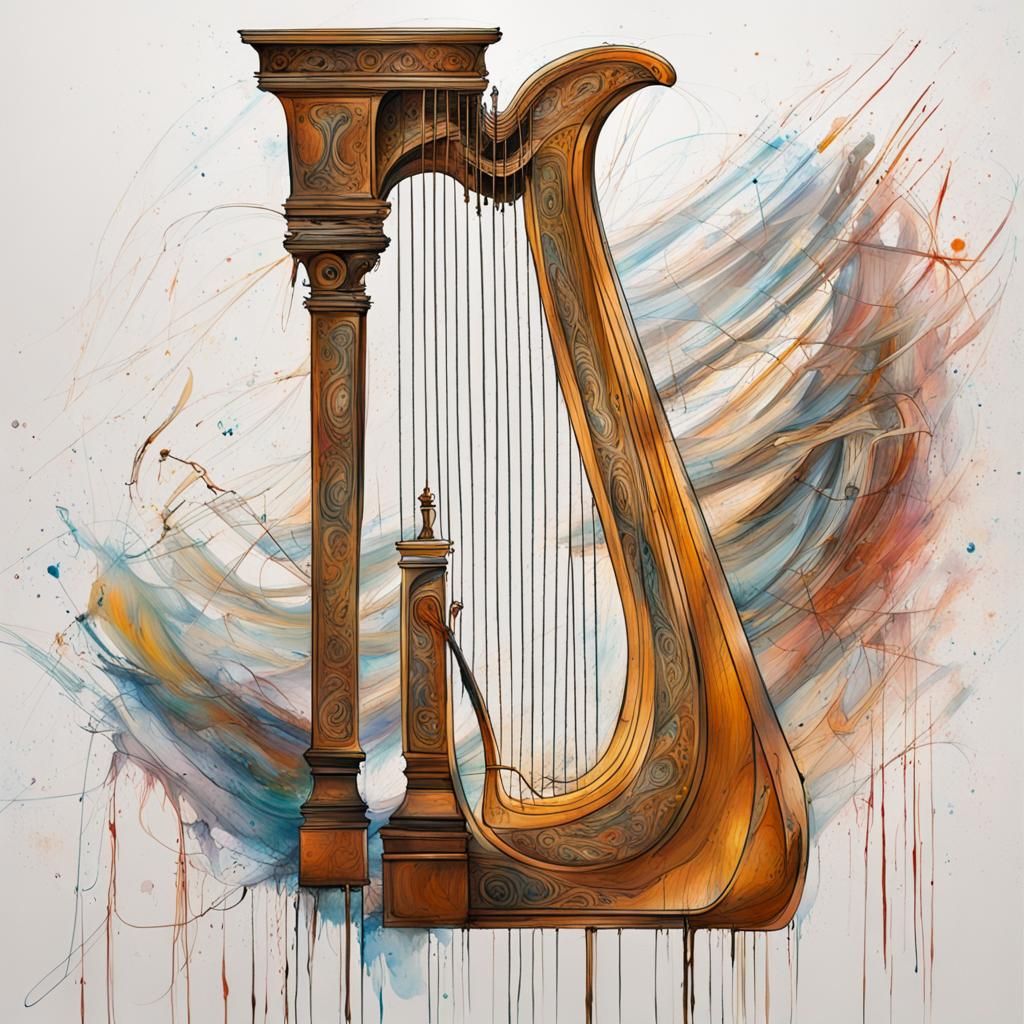 a harp with strings extending all the way to infinity, a semi-abstract ...
