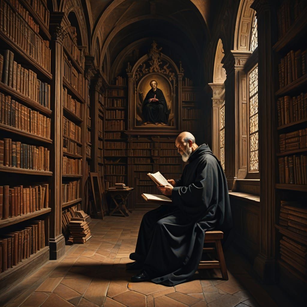 Monk in a Caravaggio-Inspired Medieval Library Sce... - AI Art