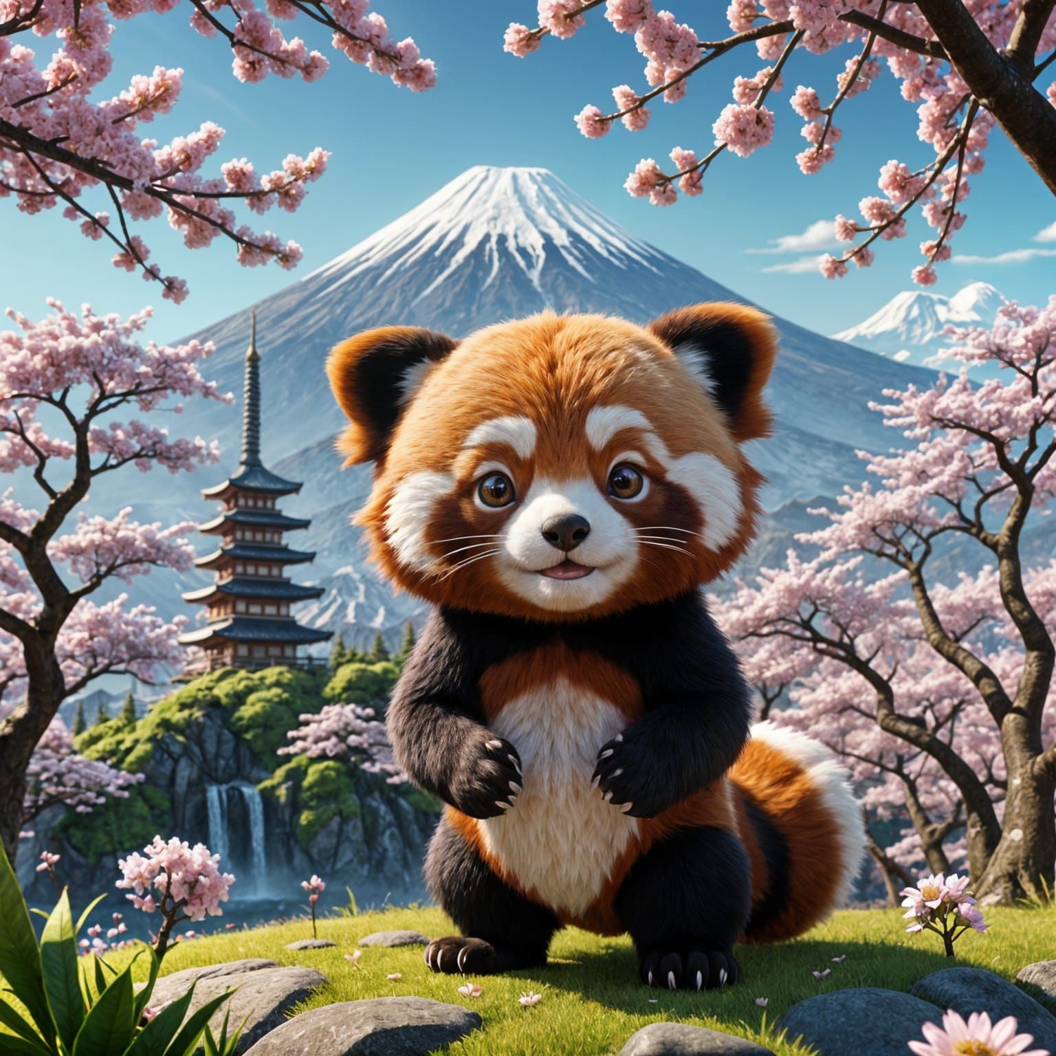 a red panda as a chibi standing under blossomed cherry trees with a ...