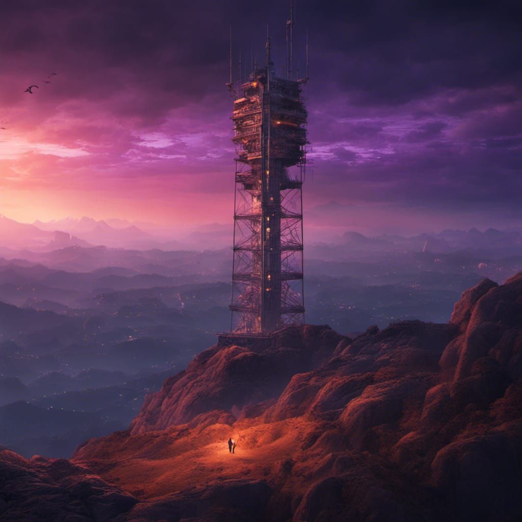 a simple radio tower on a hill with sound wave effects radiating out ...