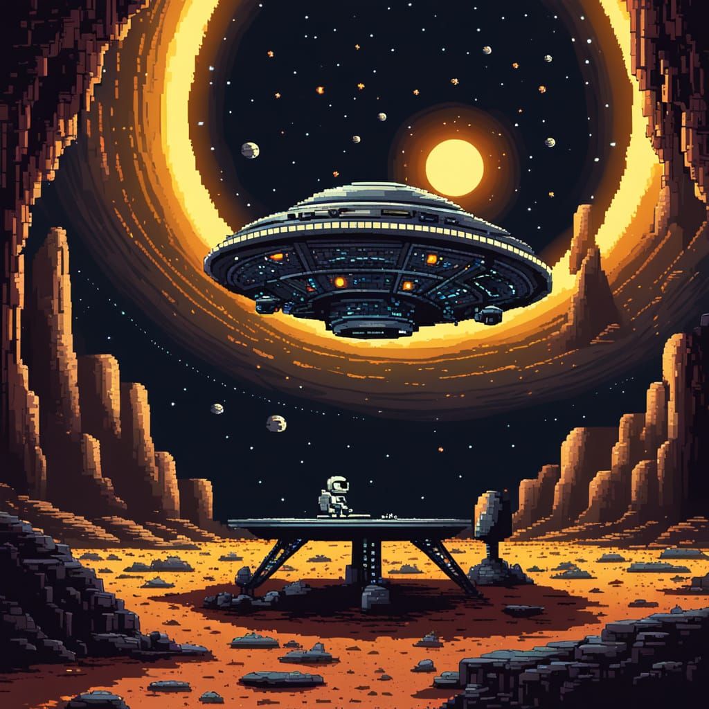 A bad piano solo in the centre of a rocky moon mysteriously lit by ...