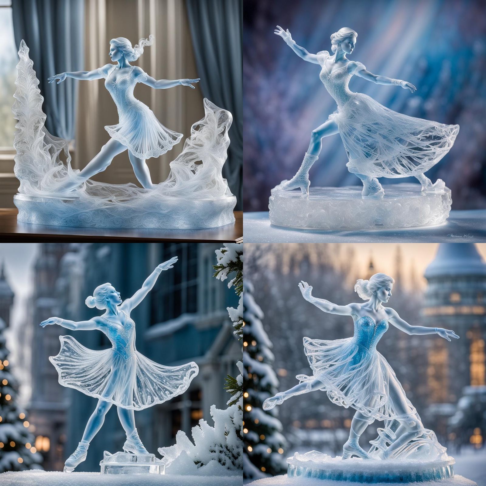 Intricately meticulously detailed vivid ice sculpture of an ice skater ...