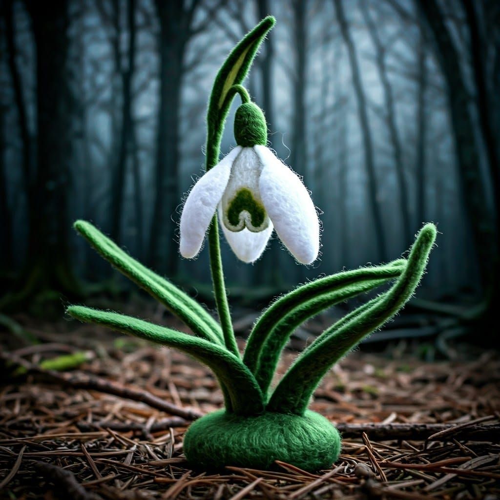 Snowdrop in Dark Forest, Felted Wool and Silk in H... - AI Art