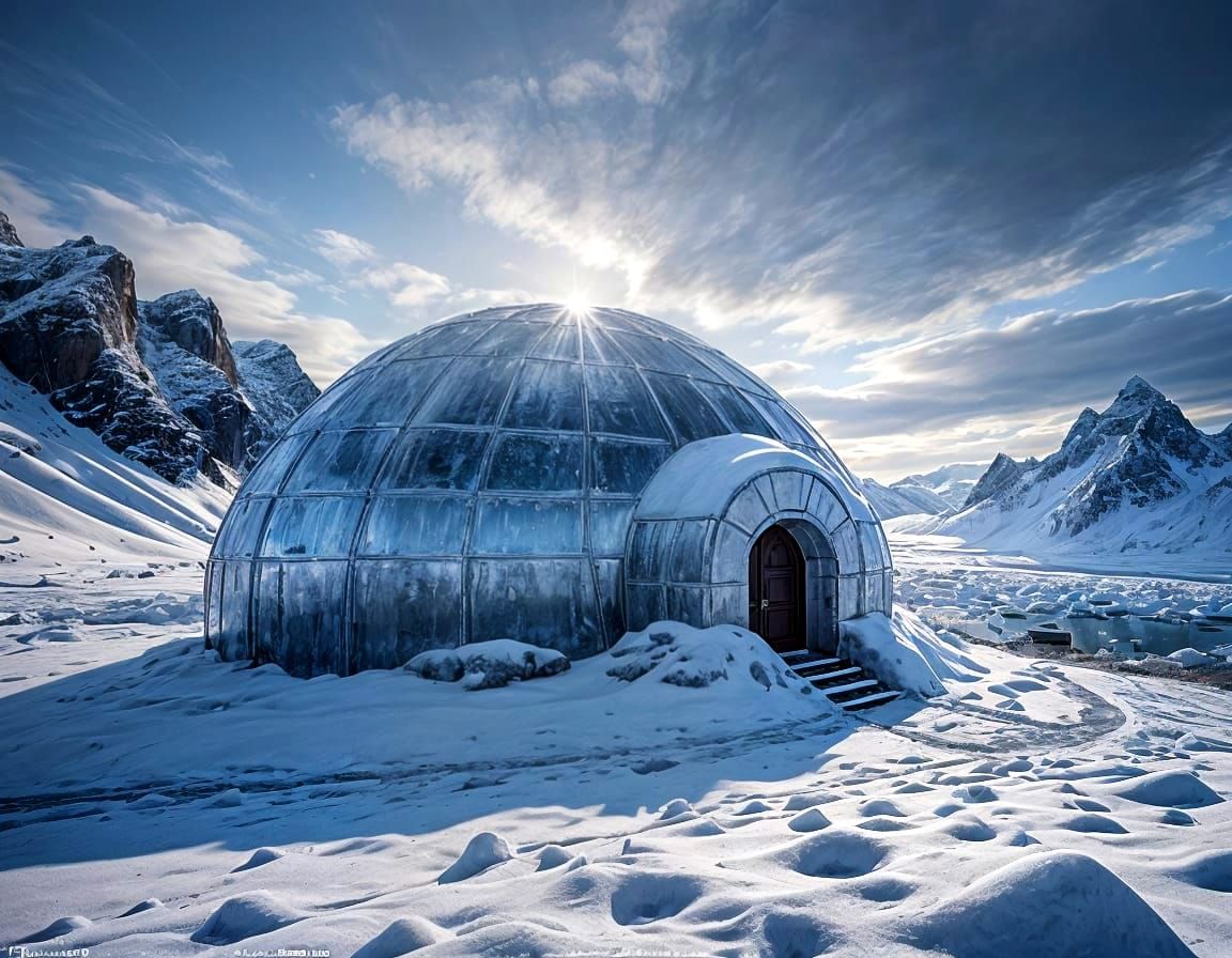 A realistic igloo with a crystalline, jewel-like exterior sits atop a ...