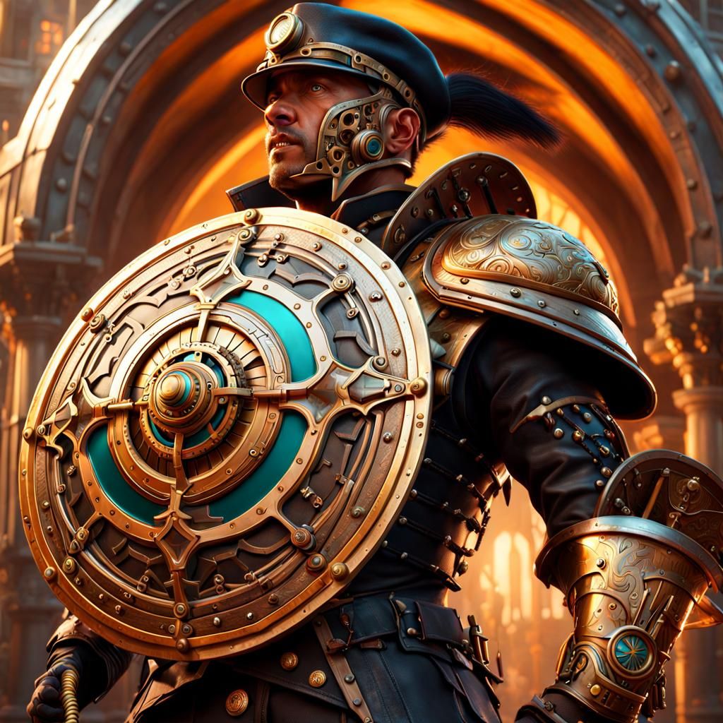 Steampunk warrior with a battle shield - AI Generated Artwork ...