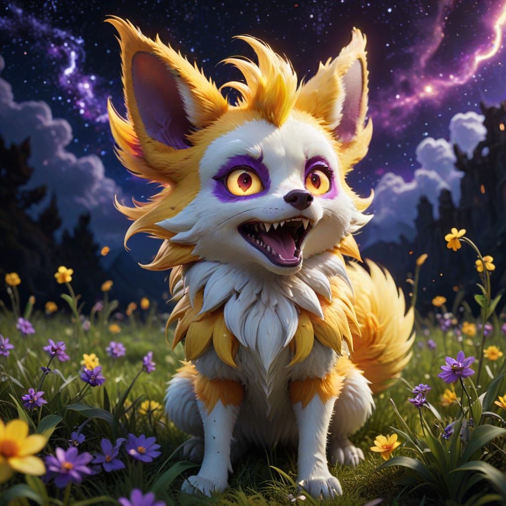 evil chibi yellow fluffy braixen from pokemon,