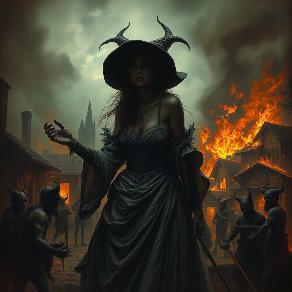 Dark Renaissance Witch Dances with Demons Amidst B... - AI Art