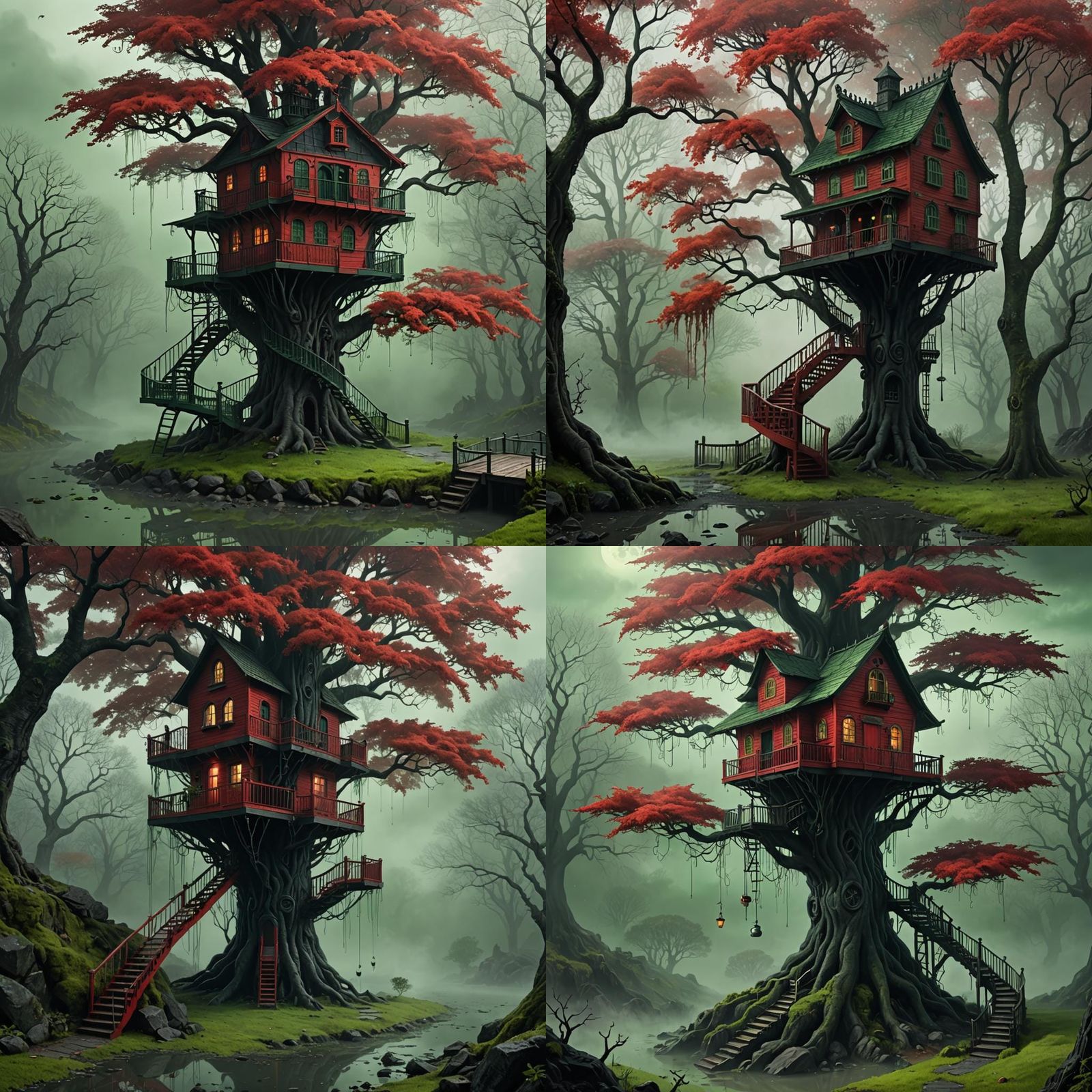 A Red Tree House, It has a balcony and it sets in a Black Tree, there ...